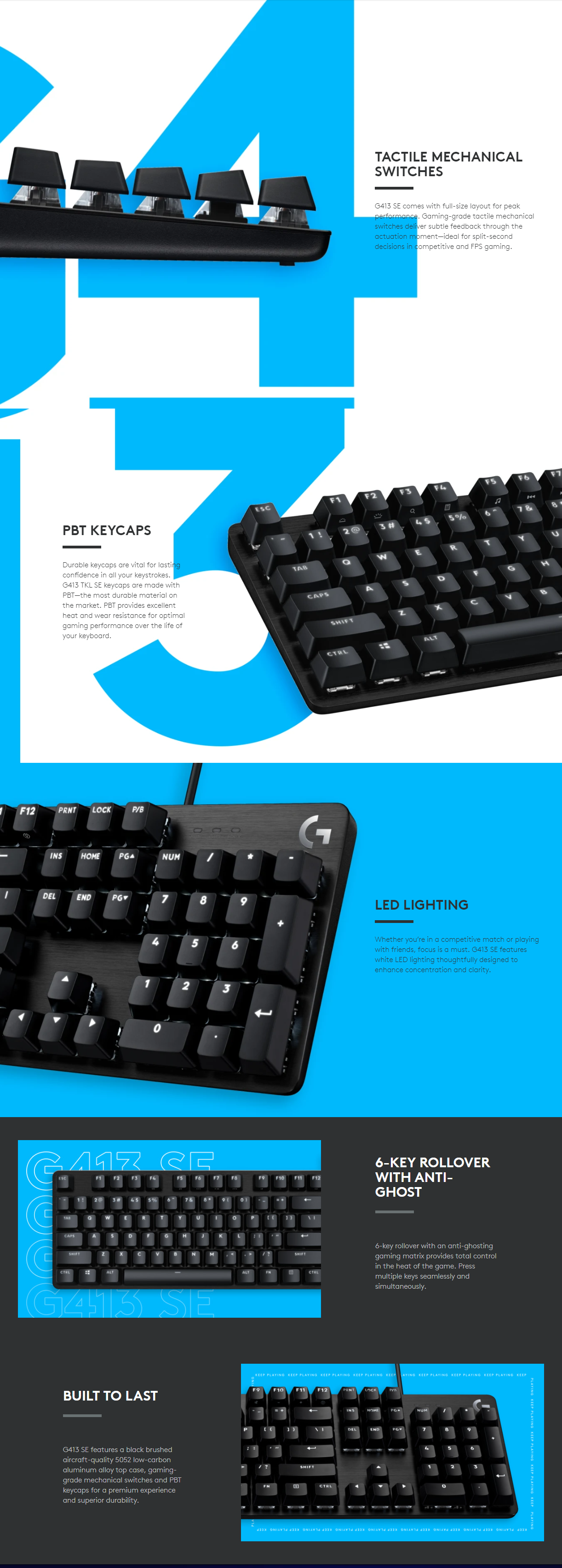 Logitech G413 SE MECHANICAL GAMING KEYBOARD PBT Keycaps Aluminum top ...