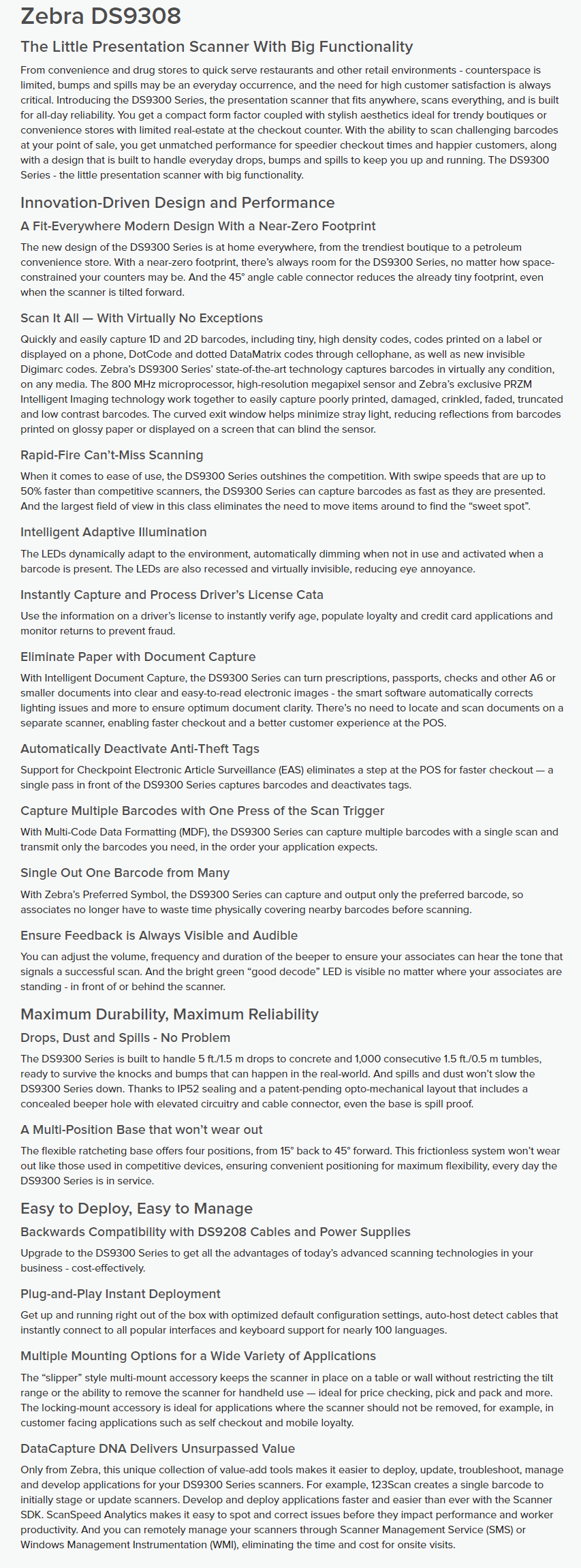 Zebra Symbol DS9308 Hands-Free 1D/2D Barcode Scanner, USB, RS-232, RS ...