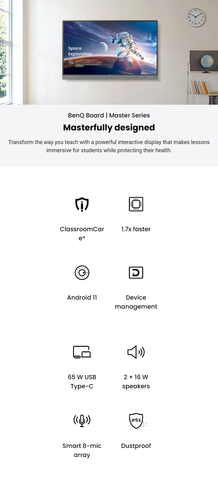 BenQ Master Series 65" IFP (Instashare 2, EzyWrite 6, Android 11.0, ClassroomCare Technology, 40 ...