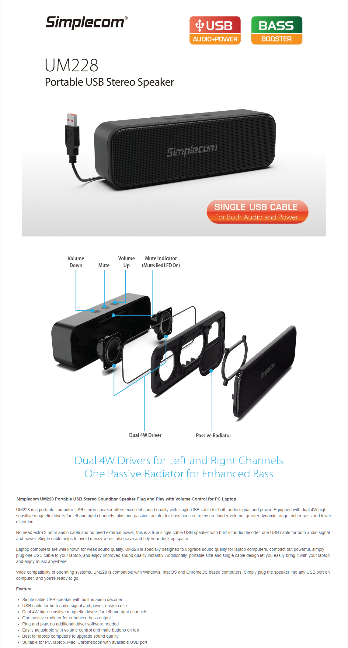Simplecom UM228 Portable USB Stereo Soundbar Speaker Plug and Play with ...