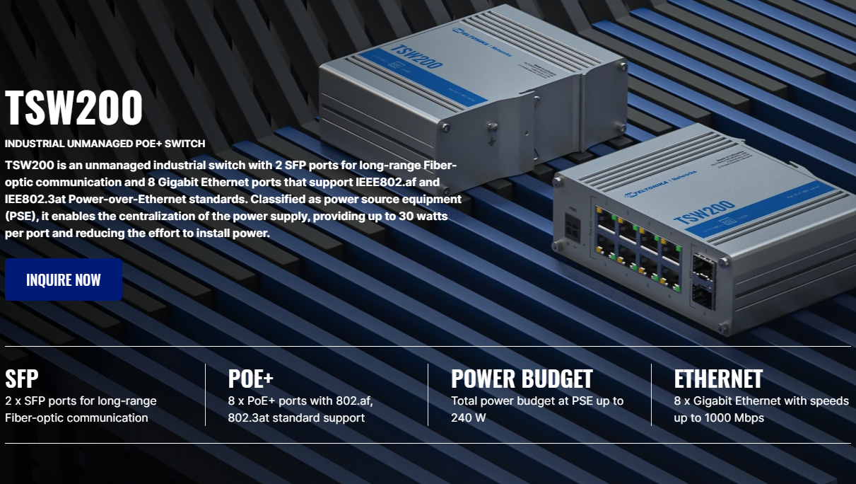 Teltonika TSW200 - Industrial Unmanaged PoE+ Switch - integrated DIN ...