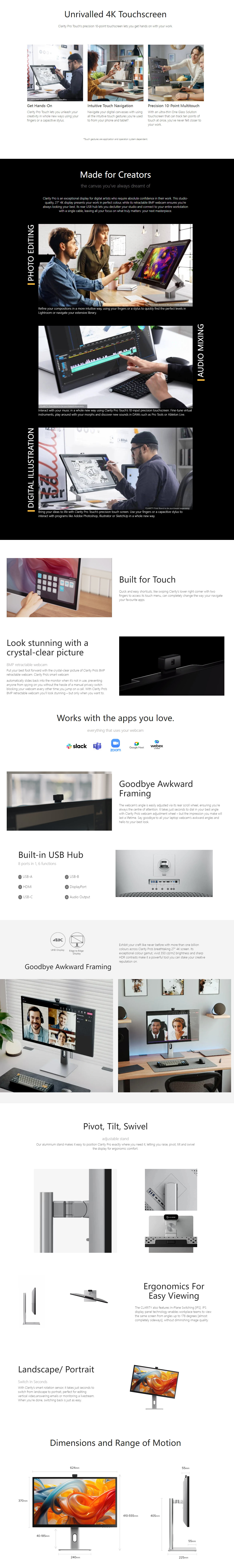 ALOGIC Clarity Pro Touch 27" UHD 4K Monitor with 65W PD Webcam and ...