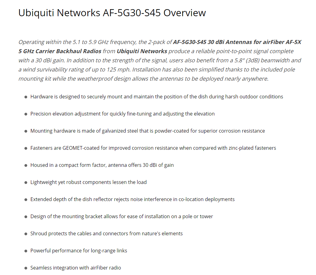 [AF-5G30-S45] 5Ghz AirFiber Dish, 30dbi, Slant 45 | BPC Technology