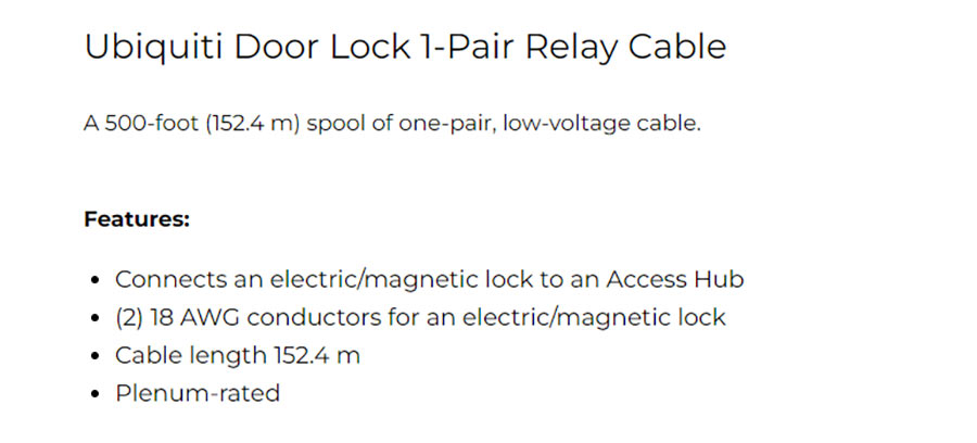 Ubiquiti Door Lock Relay Cable, 500-foot (152.4 m) Spool of One Pair ...