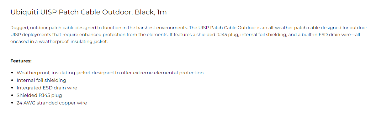 Ubiquiti UniFi Patch Cable Outdoor 1M Black, Single Unit, All-weather ...