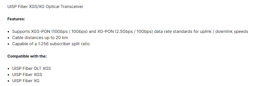 Ubiquiti UISP Fiber XGS/XG Optical Transceiver Cable Distances Up To 20 km, 10 Gbps Throughput ...