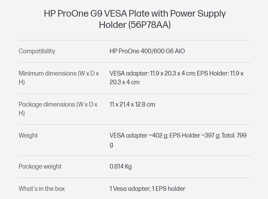 HP ProOne G9 VESA Plate with Power Supply Holder | BPC Technology
