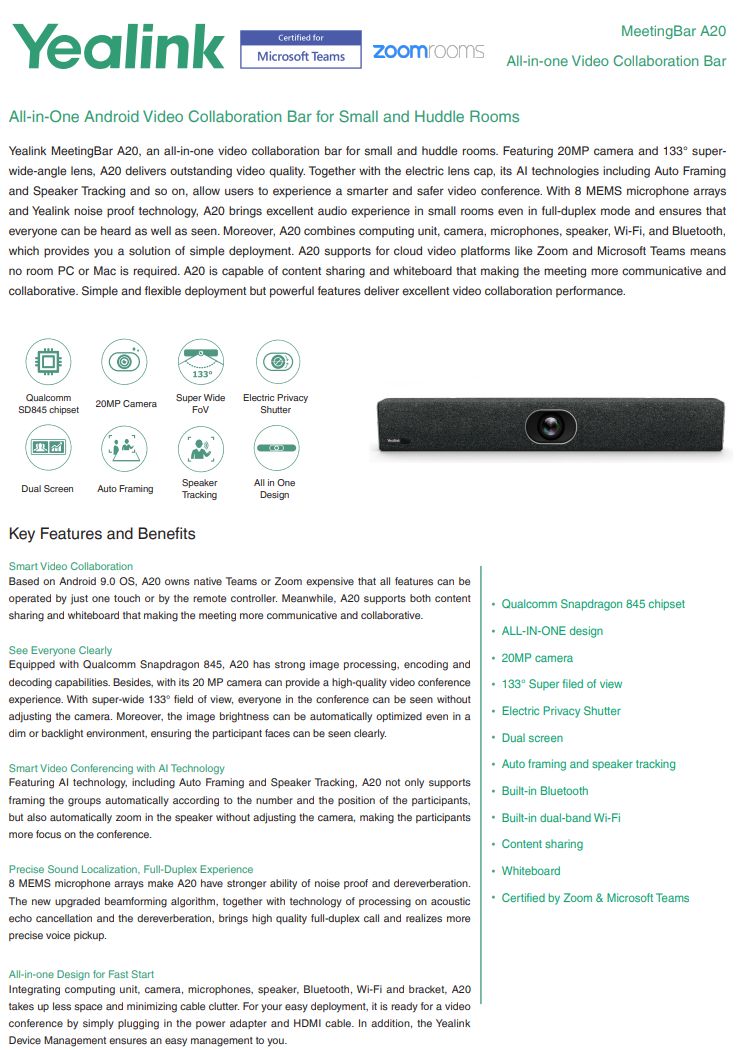 Yealink (A30-025) All-in-One Android Video Bar for Medium Room + CTP18 touch console + WPP30 ...