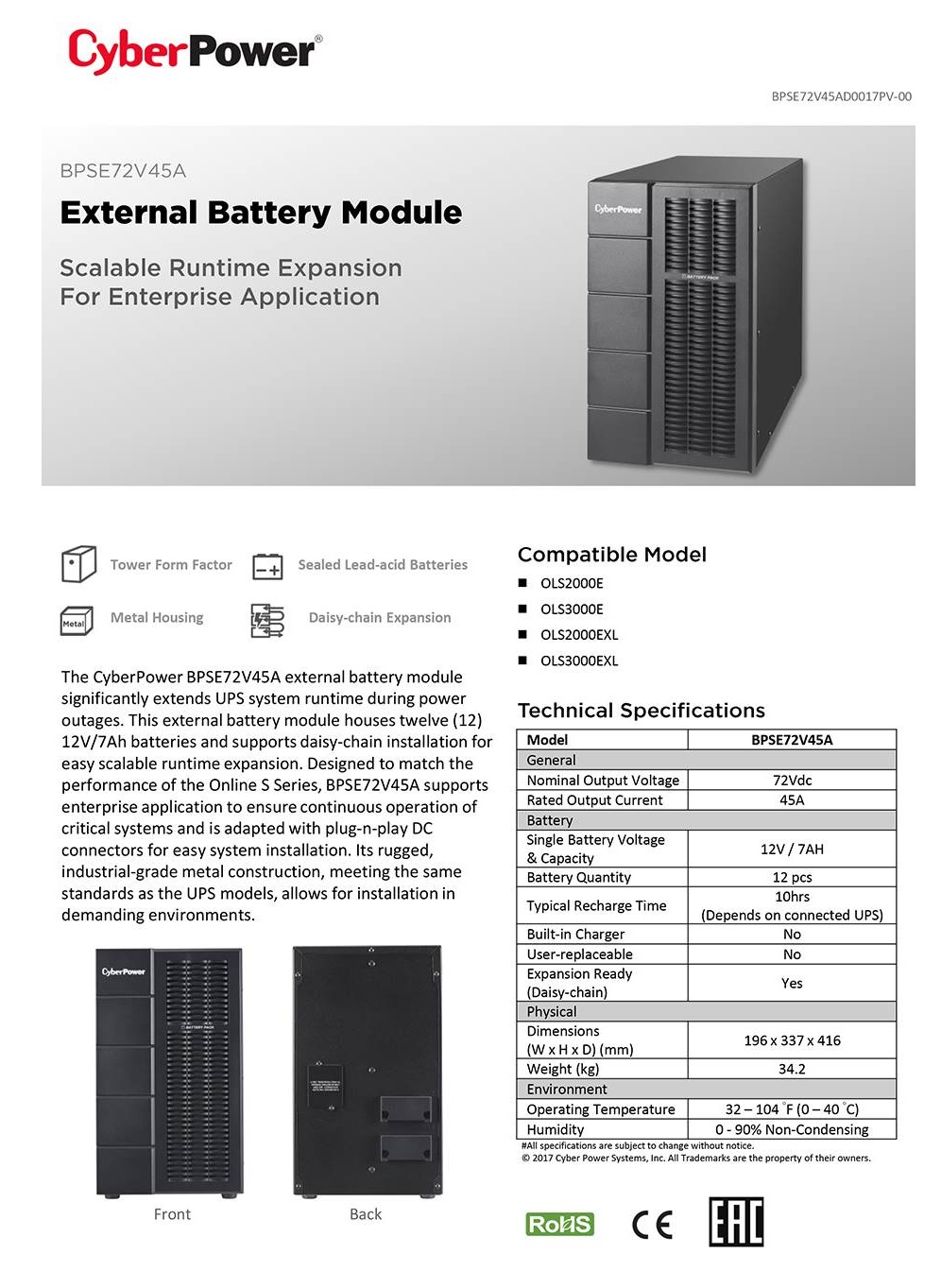 CyberPower Extended Runtime Battery pack for OLS2000/3000E (BPSE72V45A ...