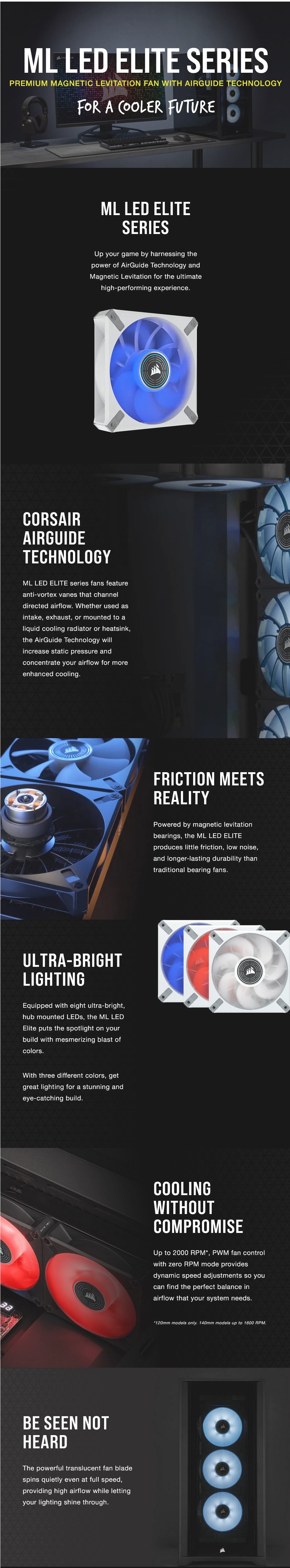 CORSAIR ML ELITE Series, ML120 LED ELITE WHITE, 120mm Magnetic ...