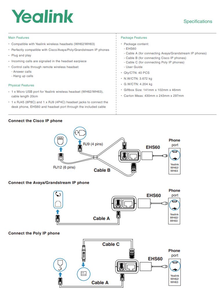 Yealink (EHS60) Wireless Headset Adapter | BPC Technology