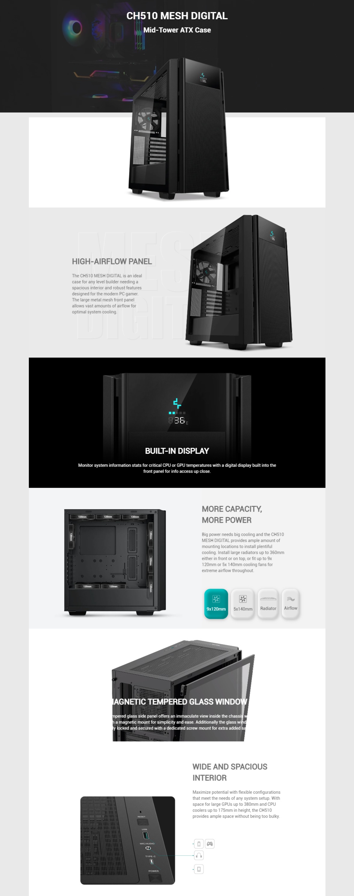 DeepCool CH510 Mesh Digital Tempered Glass Mid-Tower ATX Case - Black ...