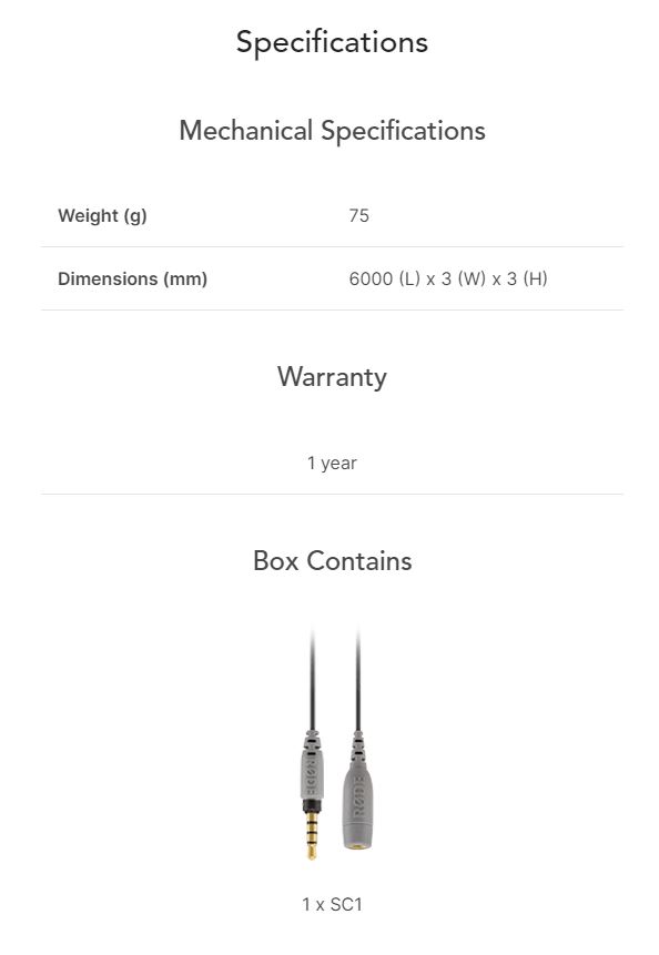 RODE SC1 3.5mm TRRS Extension Cable | BPC Technology