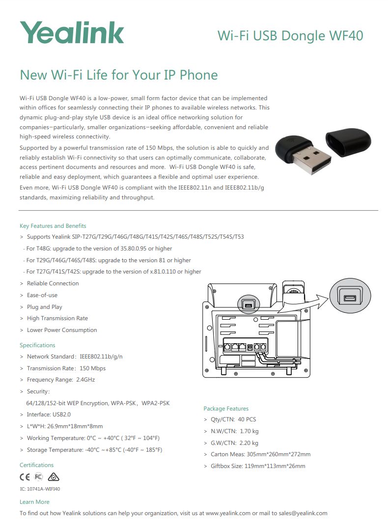 Yealink WF40 IEEE 802.11b/g/n - Wi-Fi Adapter for IP Phone | BPC Technology