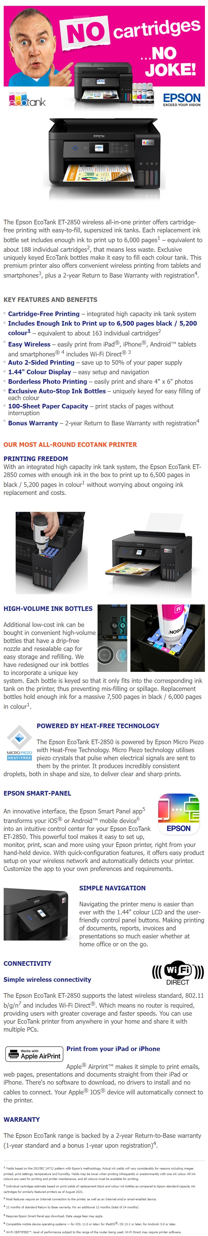 Epson EcoTank ET-2850 Colour Inkjet Multifunction Printer | BPC Technology