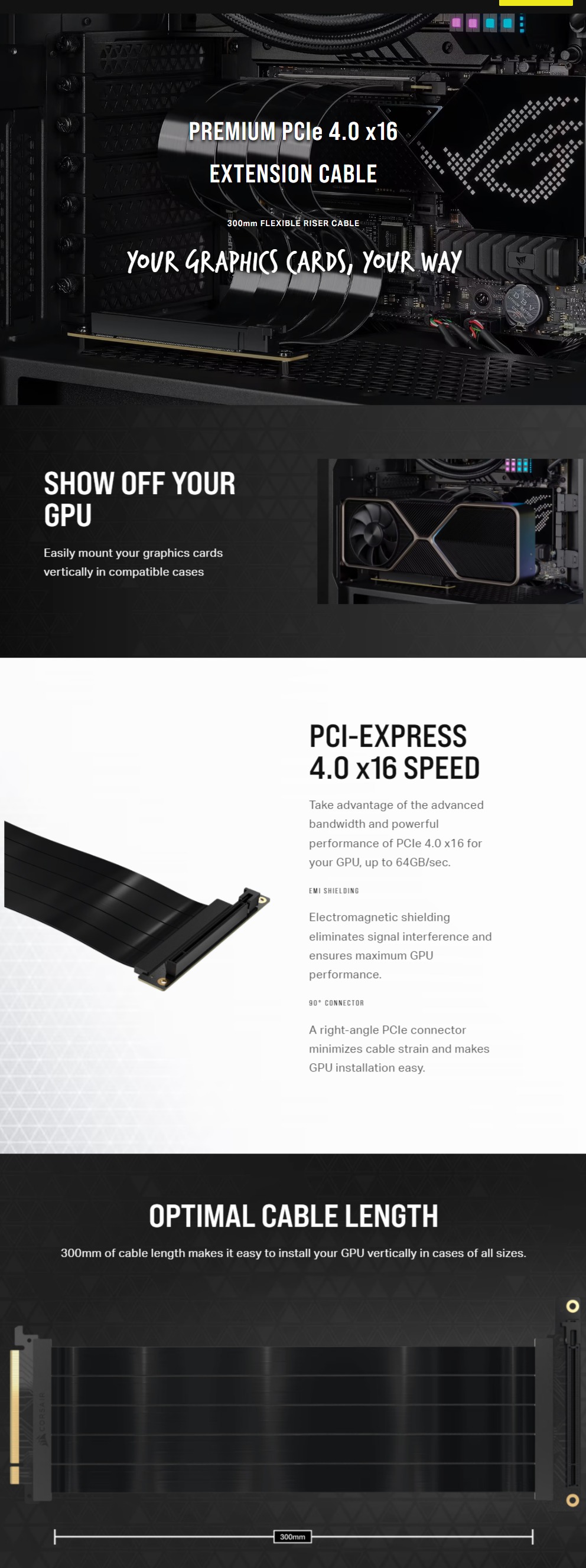 Corsair Premium PCIe 4.0 x16 Riser Extension Cable - 300mm | BPC Technology