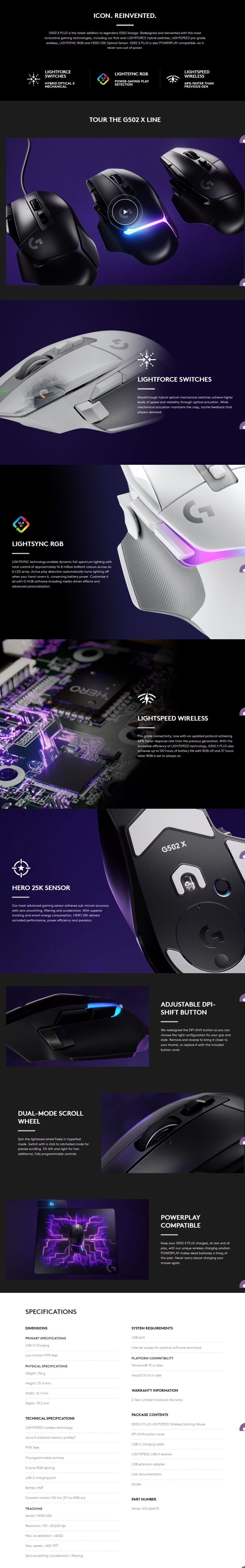 Logitech G G502 X PLUS Gaming Mouse - USB Type A - Optical - 13 ...