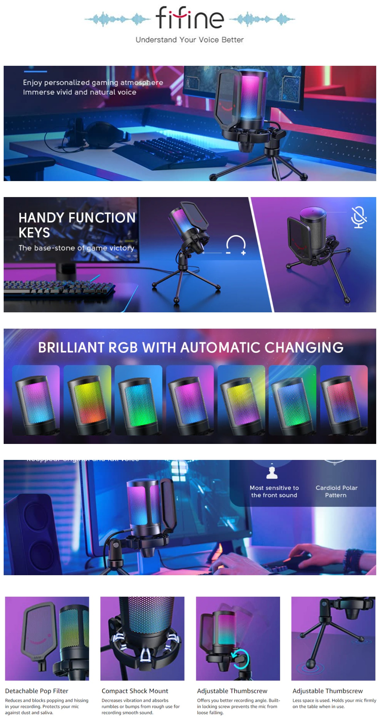 FiFine Colorful usb RGB gaming microphone with triopd stand Black | BPC ...