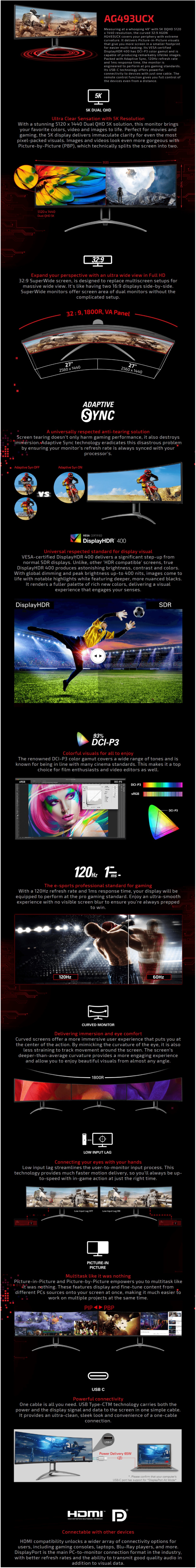 AOC Agon AG493UCX2 48.8inch Curved 165Hz 5K Ultrawide VA Gaming Monitor ...