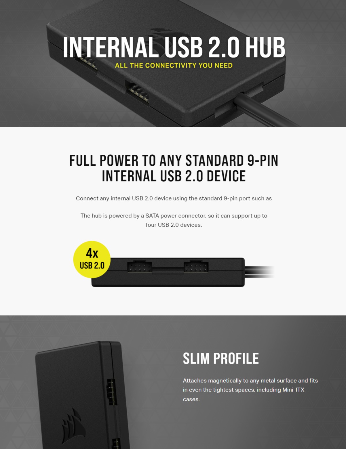 Corsair Internal 4-Port USB 2.0 Hub, Full Power to 9-IN Internal USB 2. ...