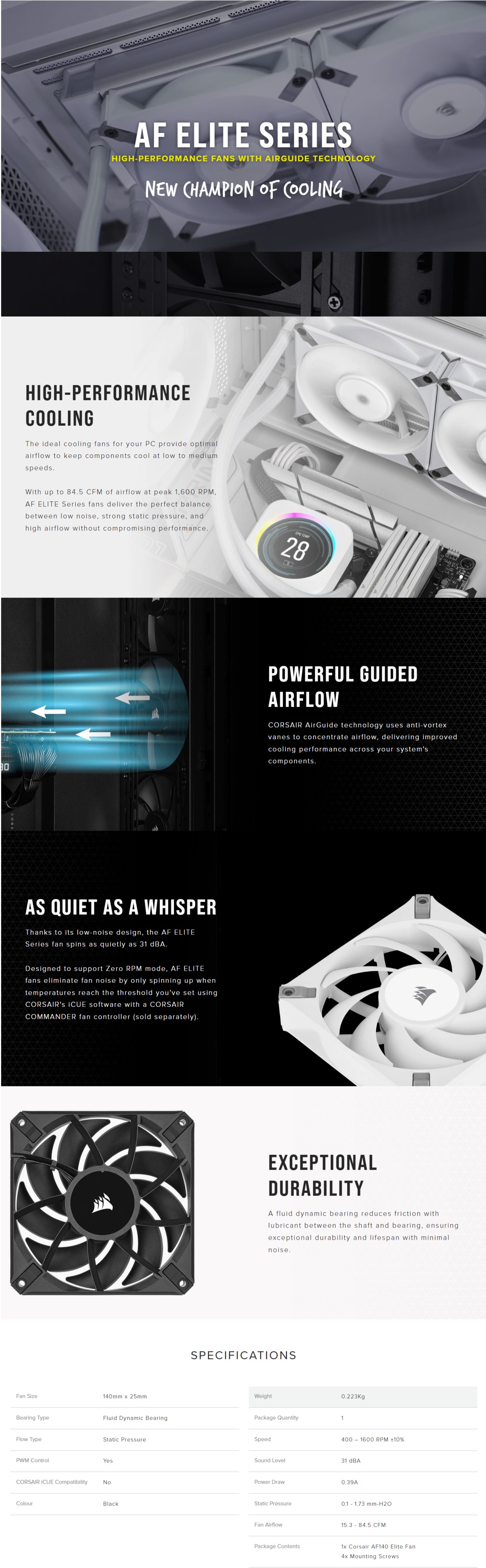 CORSAIR AF ELITE Series, AF140 ELITE, 140mm Fluid Dynamic Fan with ...