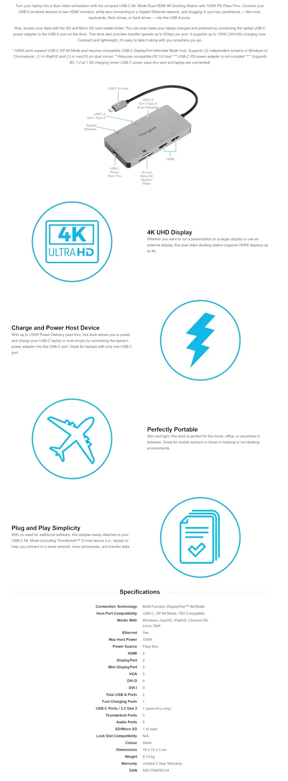 Targus DOCK423AU USB-C Dual HDMI 4K Portable Docking Station with 100W ...