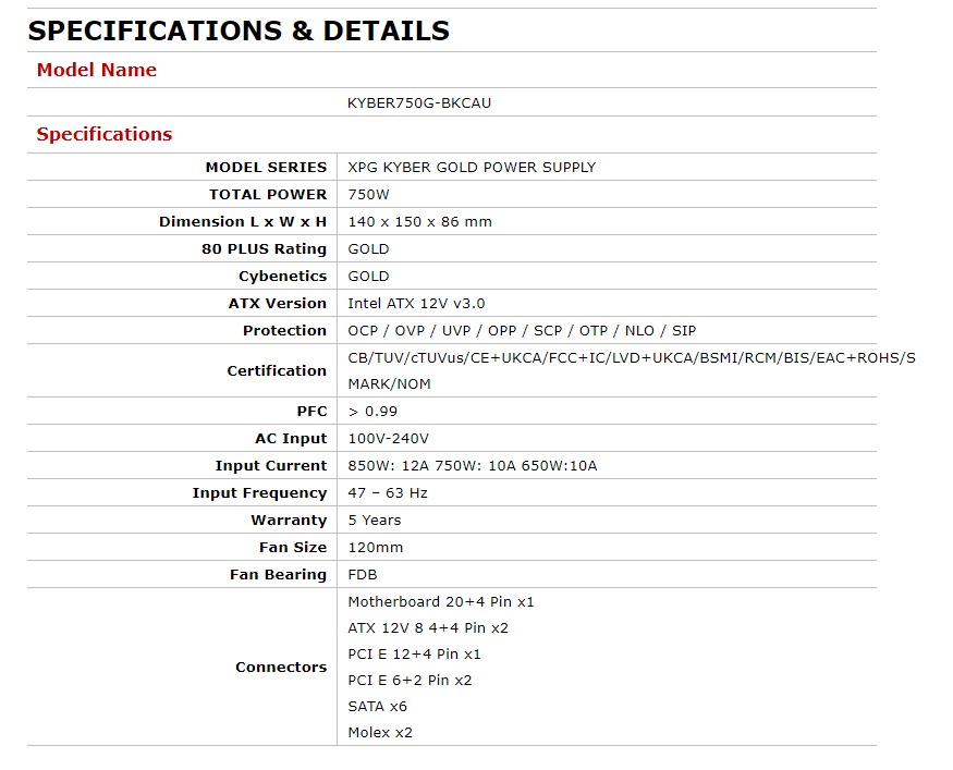 Adata XPG KYBER 750W 80PLUS GOLD ATX 3.0 Power Supply | BPC Technology