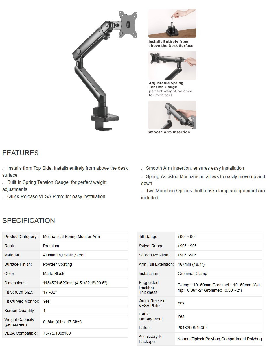Brateck Single Monitor Aluminium Slim Mechanical Spring Monitor Arm For ...