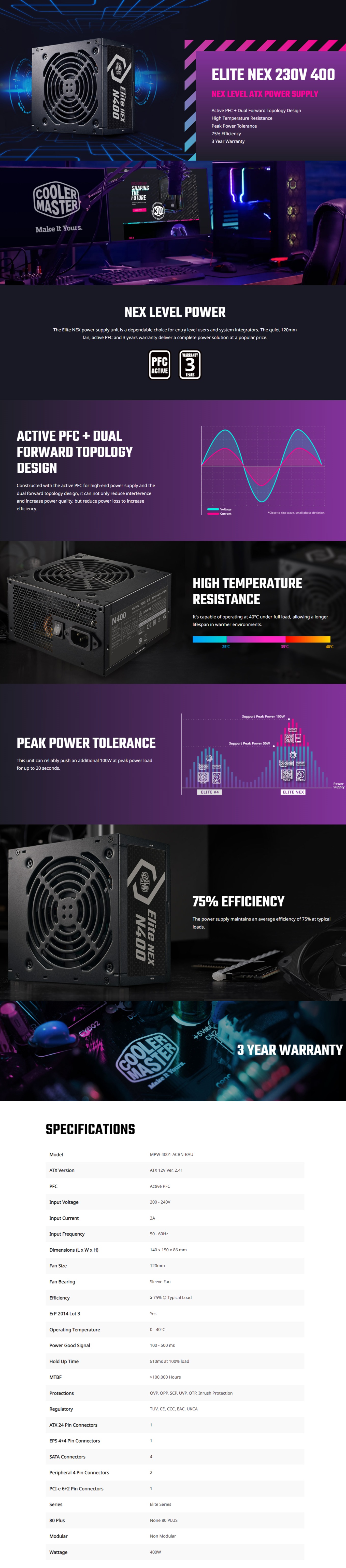 Cooler Master Elite NEX N400 400W 230V ATX Power Supply | BPC Technology