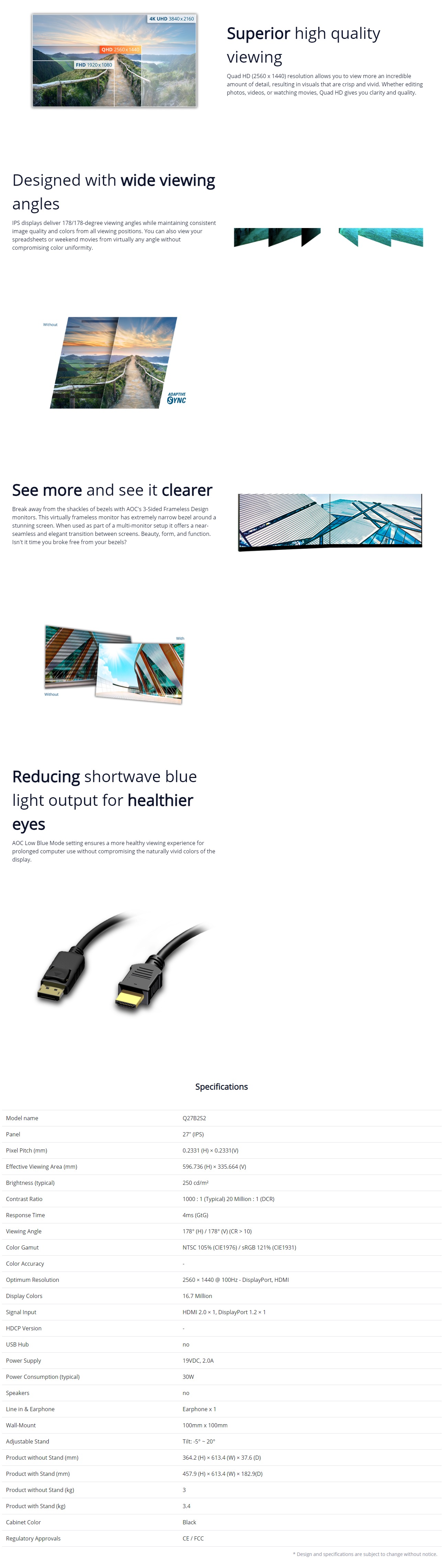 AOC Q27B2S2 27inch 100Hz 2K QHD IPS Office Monitor | BPC Technology