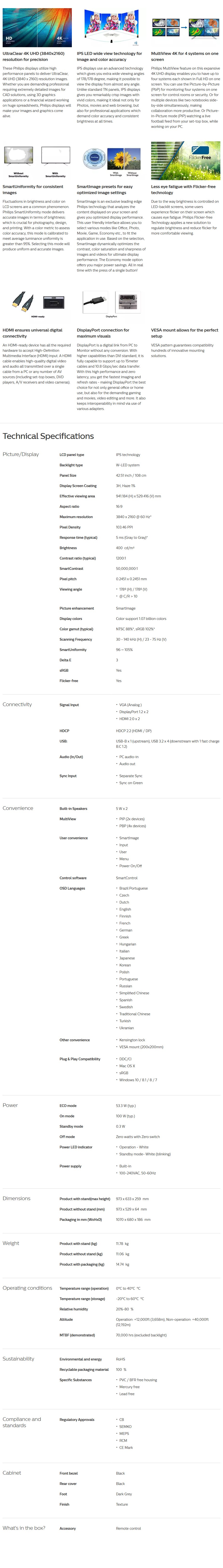 Philips 438P1 43inch 60hz 4K UHD IPS W-LED Monitor | BPC Technology