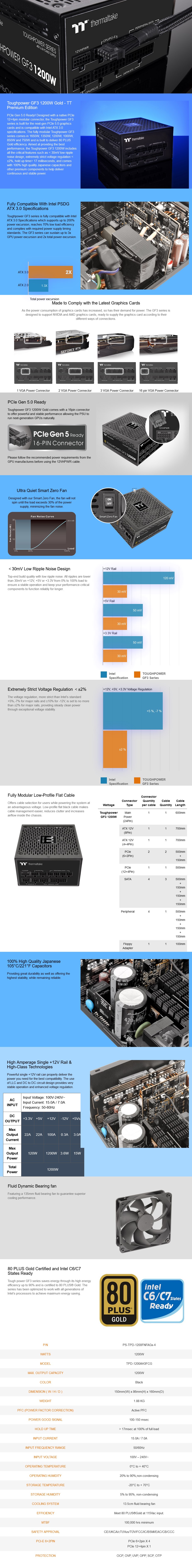 Thermaltake Toughpower GF3 1200W 80+ Gold PCIe Gen5 ATX 3.0 Fully ...