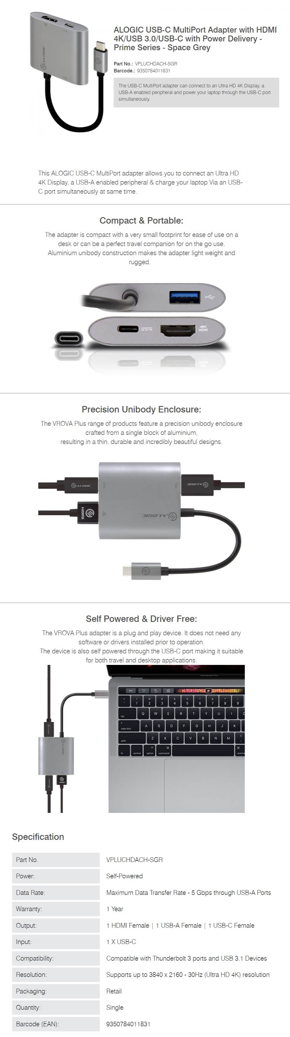 Alogic USB-C MultiPort Adapter with HDMI 4K/USB 3.0/USB-C with Power ... Alogic USB-C MultiPort Adapter with HDMI 4K/USB 3.0/USB-C with Power ...